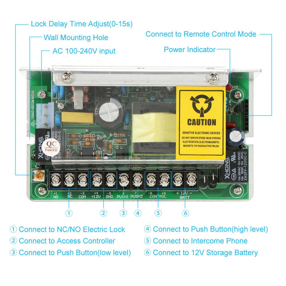 100/240VAC to 12VDC 5A Power Supply, Door Entry Access Control Battery ...