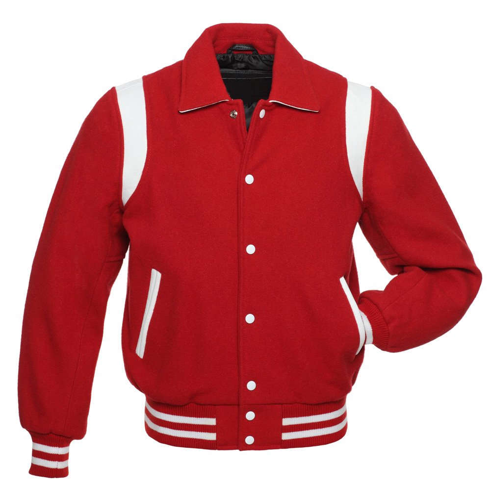 Red Wool , White Stripe Arms,Letterman Varsity Hoodie Jacket