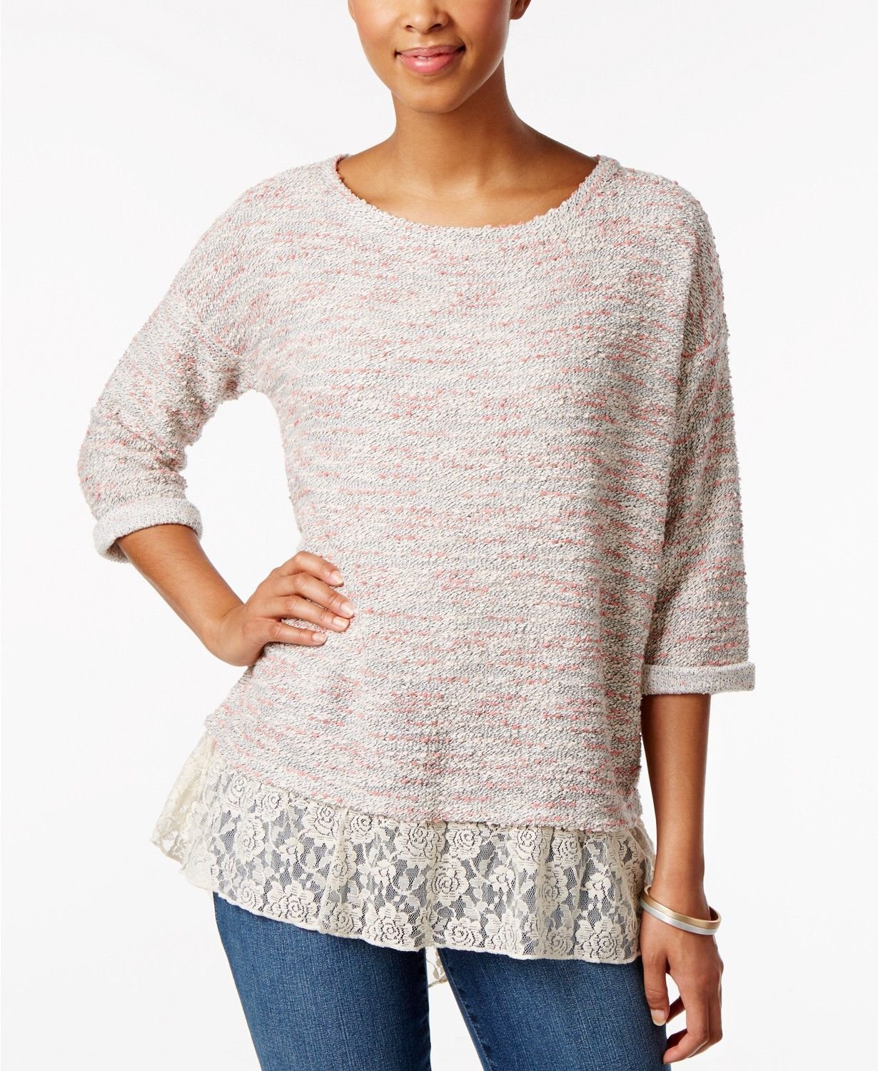 Style & Co Petite Lace Hem Knit Top Peach Ivory