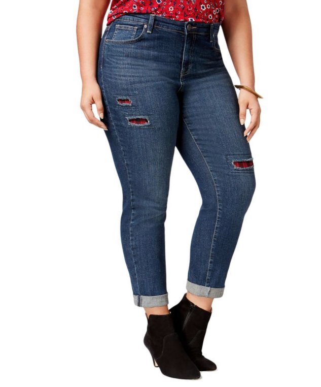 Style & Co. Plus Size Red Plaid Patchwork Boyfriend Jeans Path Wash
