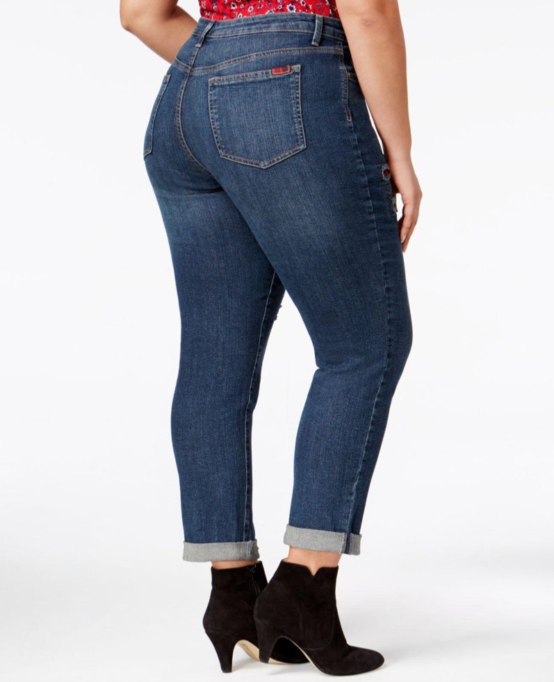 Style & Co. Plus Size Red Plaid Patchwork Boyfriend Jeans Path Wash