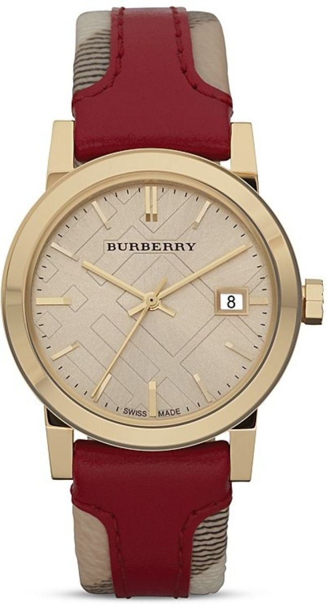 Women Watch Burberry BU9017 Large Check Red Leather Fabric Strap Size 38mm