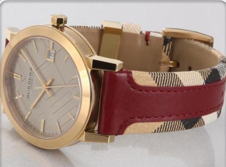 Women Watch Burberry BU9017 Large Check Red Leather Fabric Strap Size 38mm
