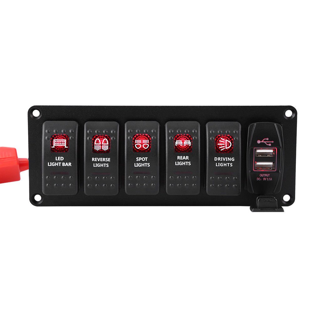 6 Gang Waterproof Red LED Rocker Switch Panel Dual USB Car Marine ...