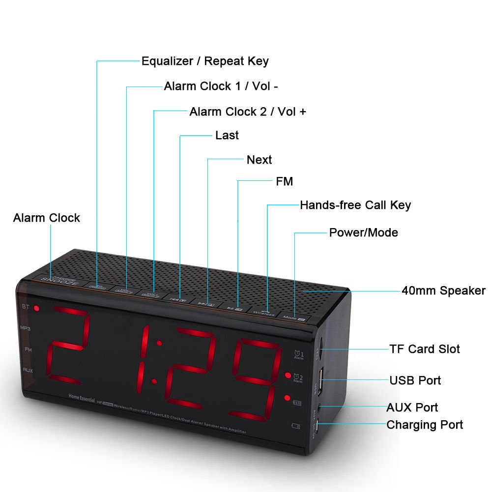 Portable Wireless Hi-Fi Bluetooth Speaker Time Clock Stereo MP3 Player ...