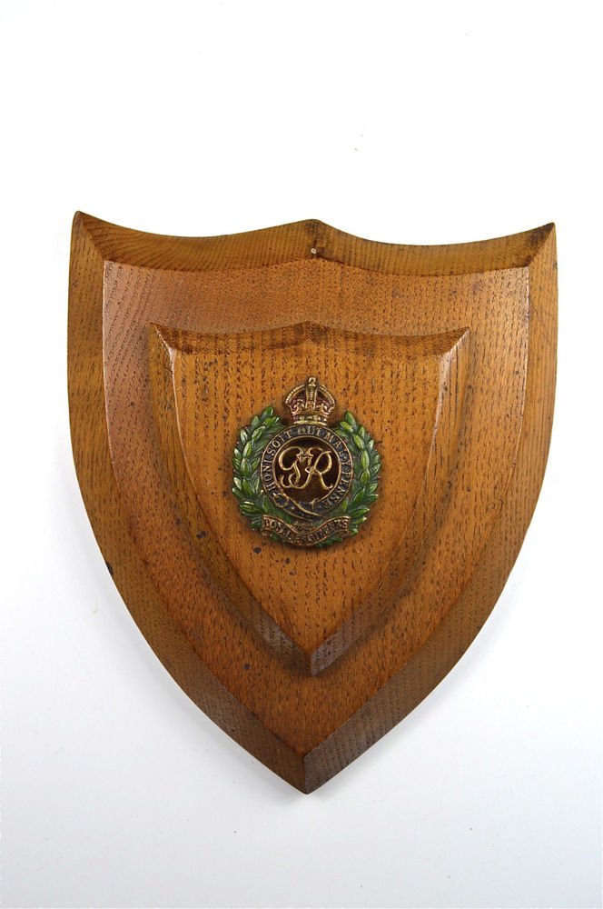 Antique oak shield wall plaque with brass Royal Engineers emblem crest ...