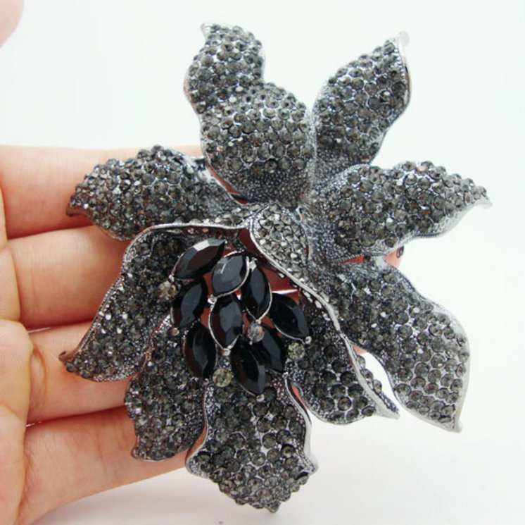 Classic black crystal rhinestone Large flowers orchid brooch pins woman ...