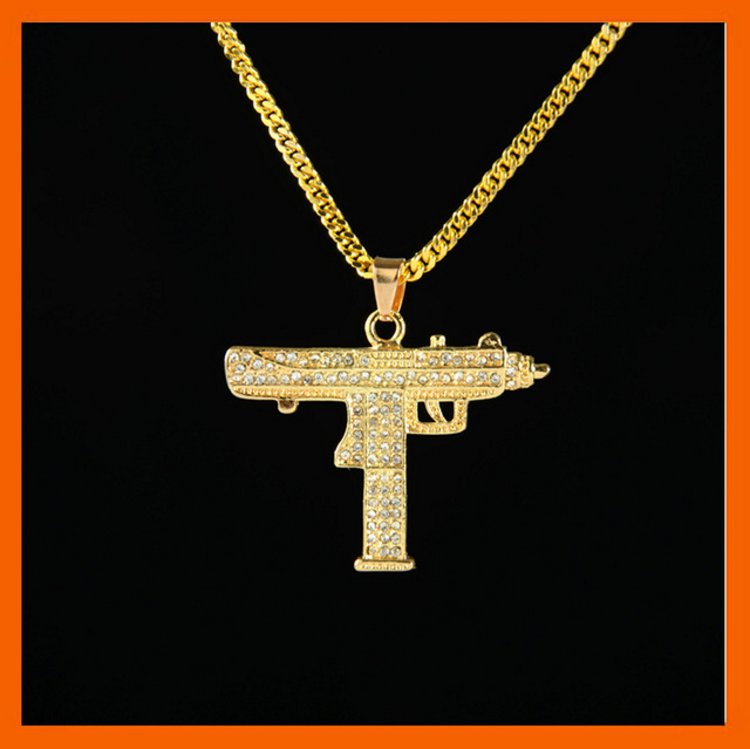GOLDEN BLING PISTOL SUBMACHINE GUN RHINESTONE PENDANTS NECKLACES