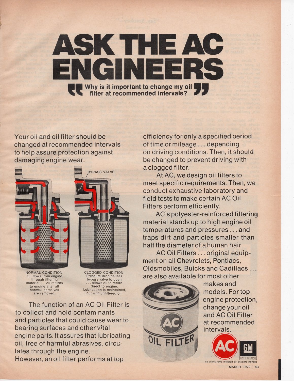 AC Oil Filter vintage Magazine Print Ad March 1972