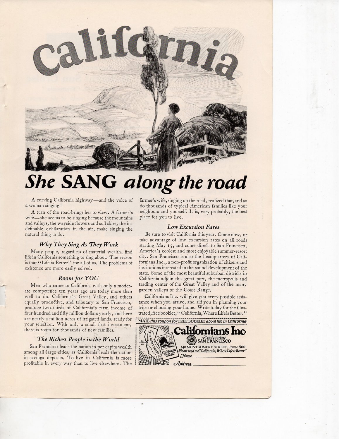 California vintage Magazine Print Ad February 1924