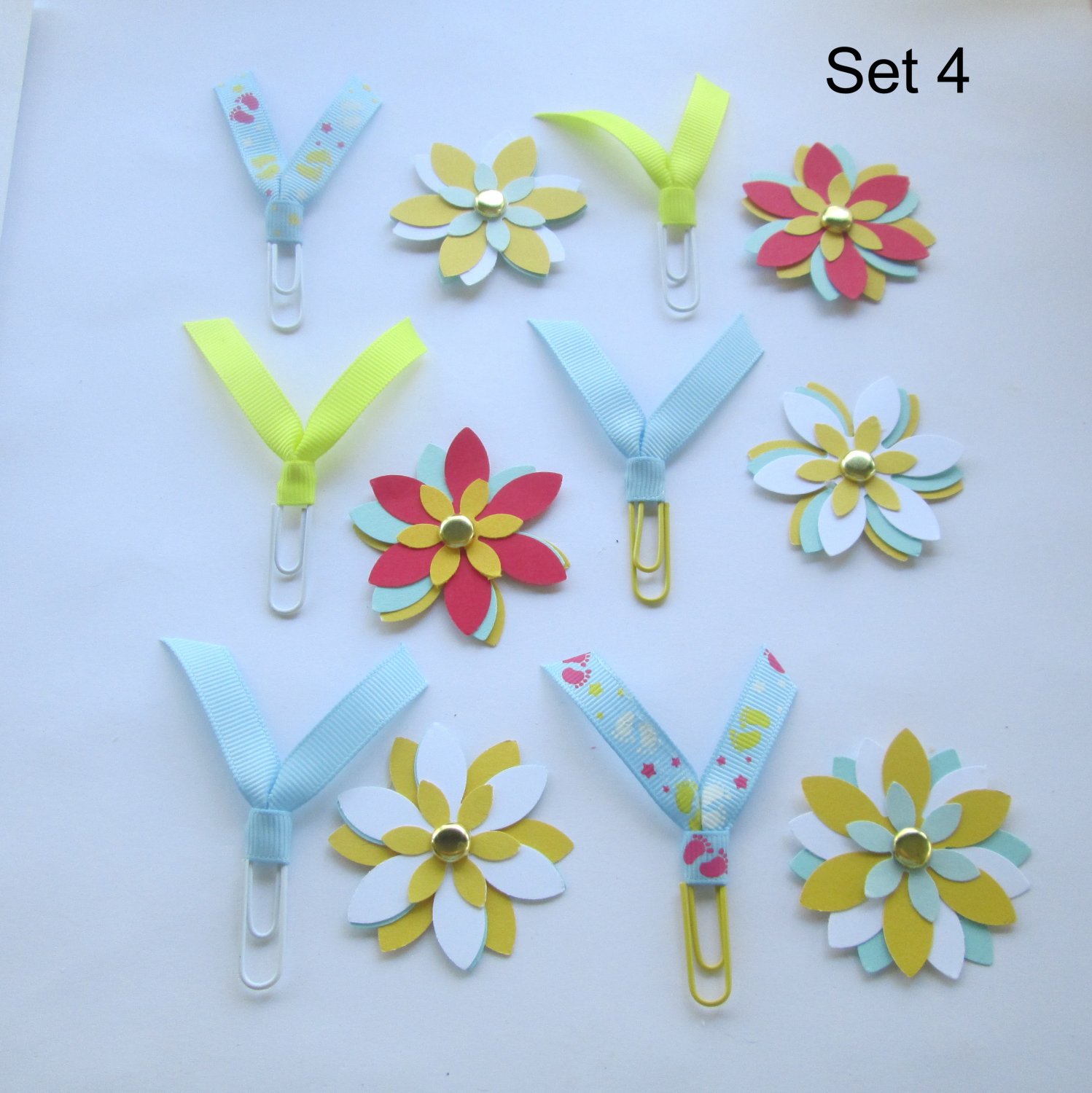 Set 4 - Handmade Flowers and Paper Clips - 12 pc set