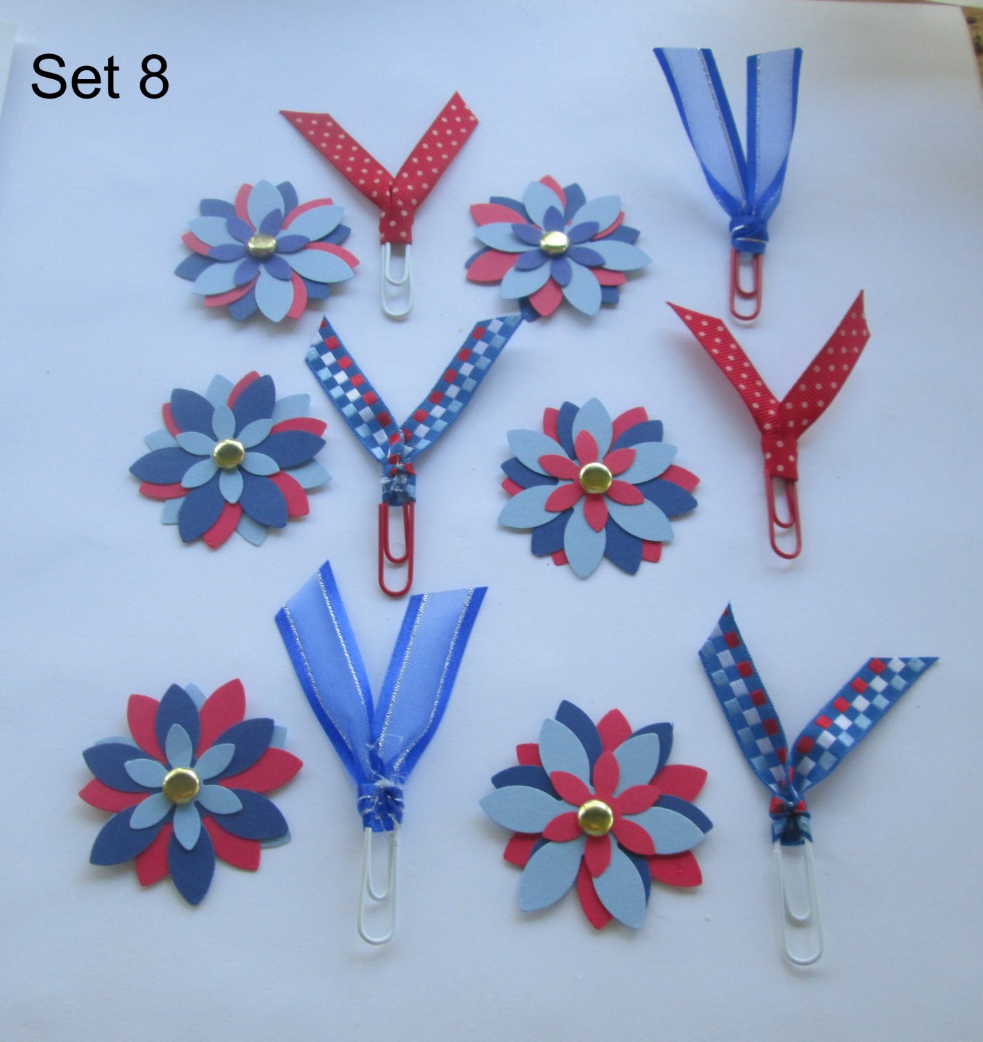 Set 8 - Handmade Flowers and Paper Clips - 12 pc set