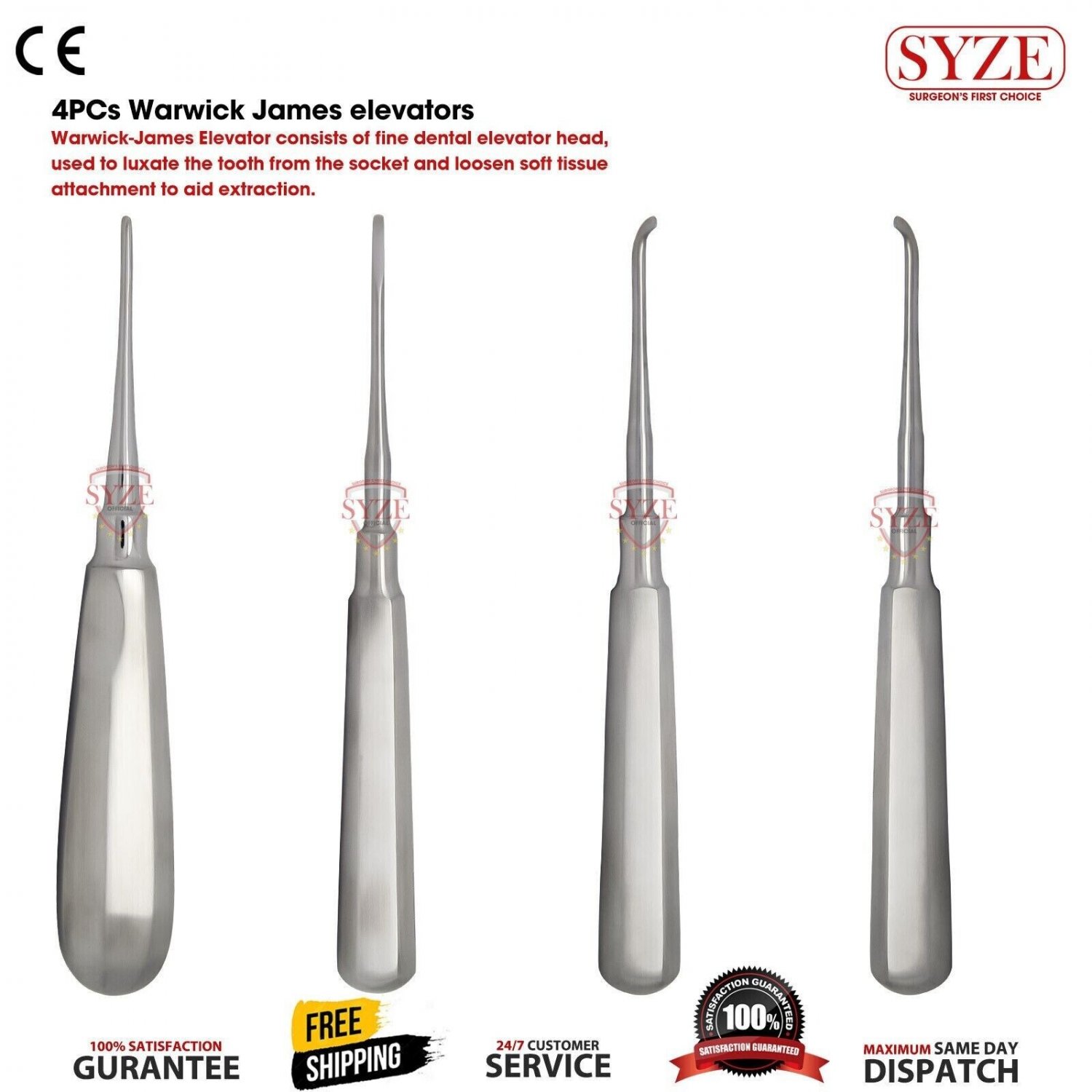 Dental Root Warwick James Tooth Luxation Extraction Elevators 4PCS Oral Surgery