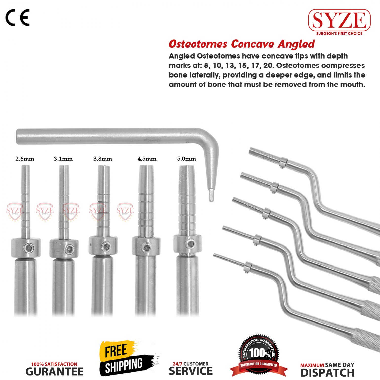 Implant Osteotomes Sinus Concave Angled & Straight Tip Dental ...