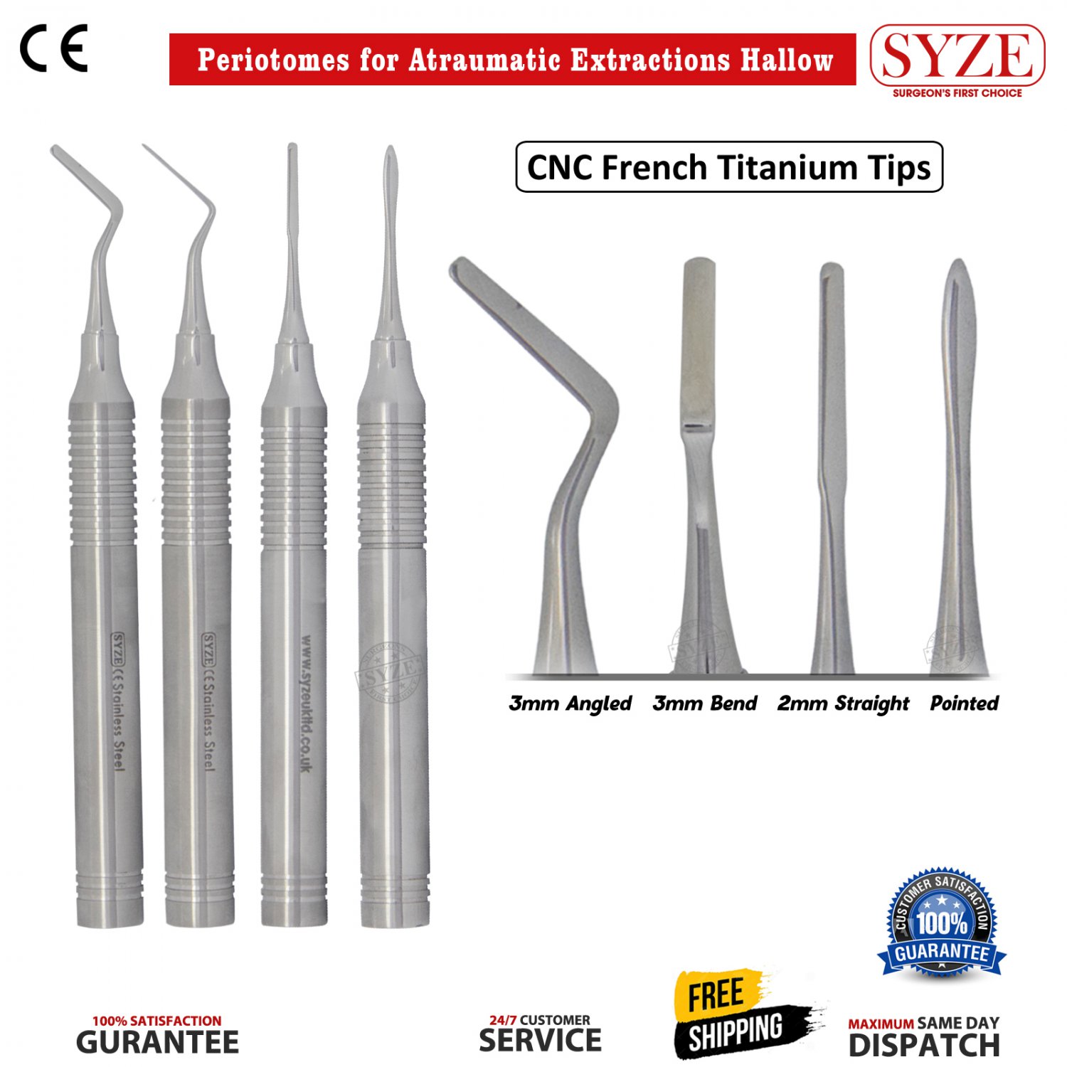 SYZE Periotomes for Atraumatic Extractions Set 4pcs - HOLLOW - Dental ...