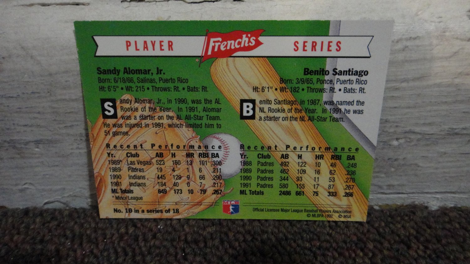 Benito Santiago FRENCH'S MUSTARD BASEBALL CARD 1992 Single card...LooK