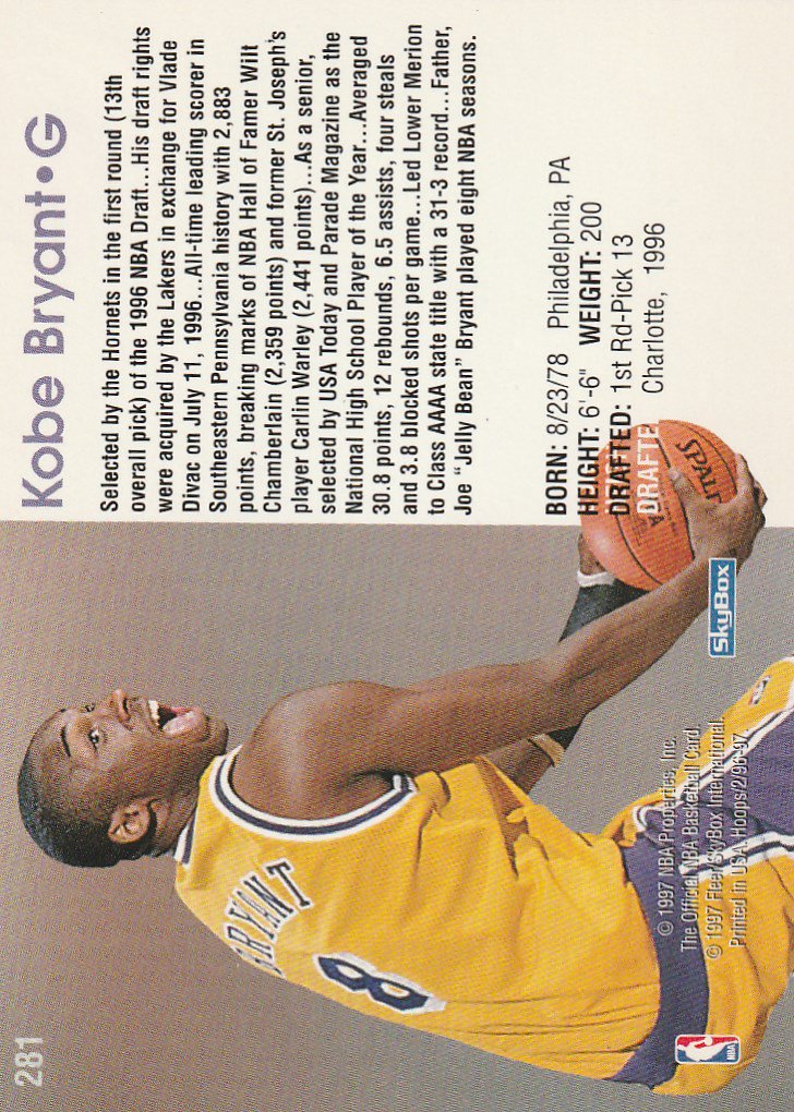 Kobe Bryant 1996-97 NBA Hoops Rookie Card (RC) #281, MINT......LOOK!!