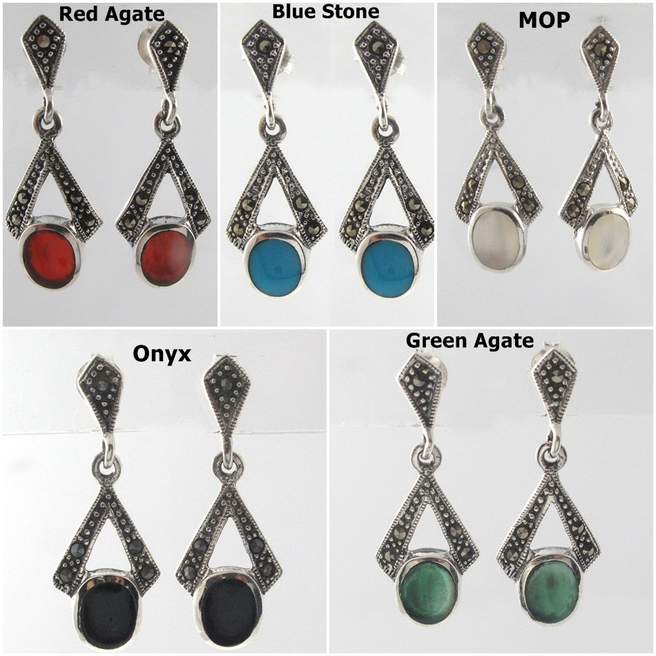 Triangle Oval Inlay Stone Dangle Marcasite 925 Sterling Silver Earrings