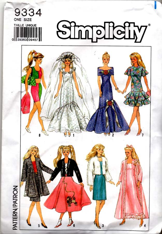 Simplicity Sewing Pattern Number 9334 1989 - 8 Outfits for Barbie Doll ...