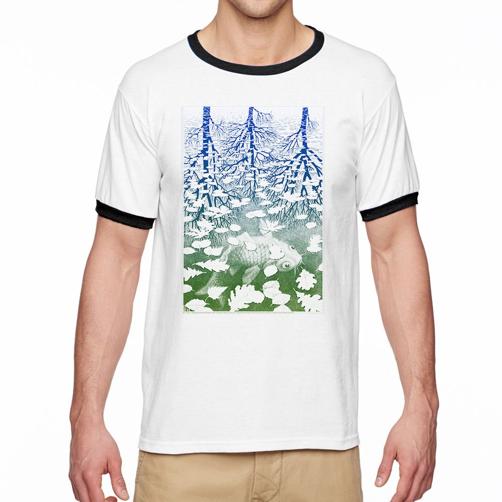 M.C. Escher Fish Pond Men's White Ringer Tee NEW Sizes S-2XL