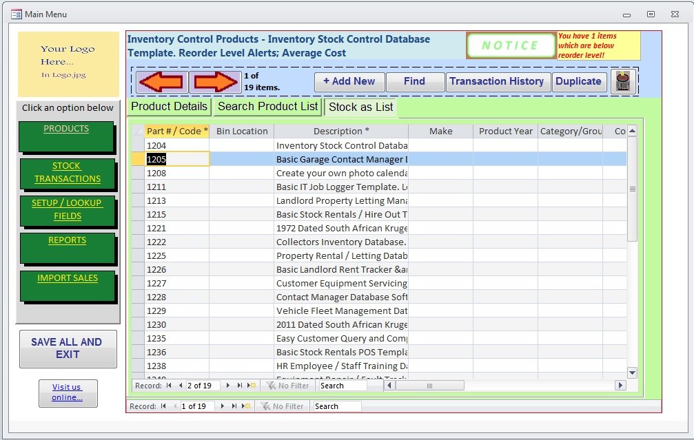 Inventory Control Software. Stock In / Out; Low Stock; Invoice ...