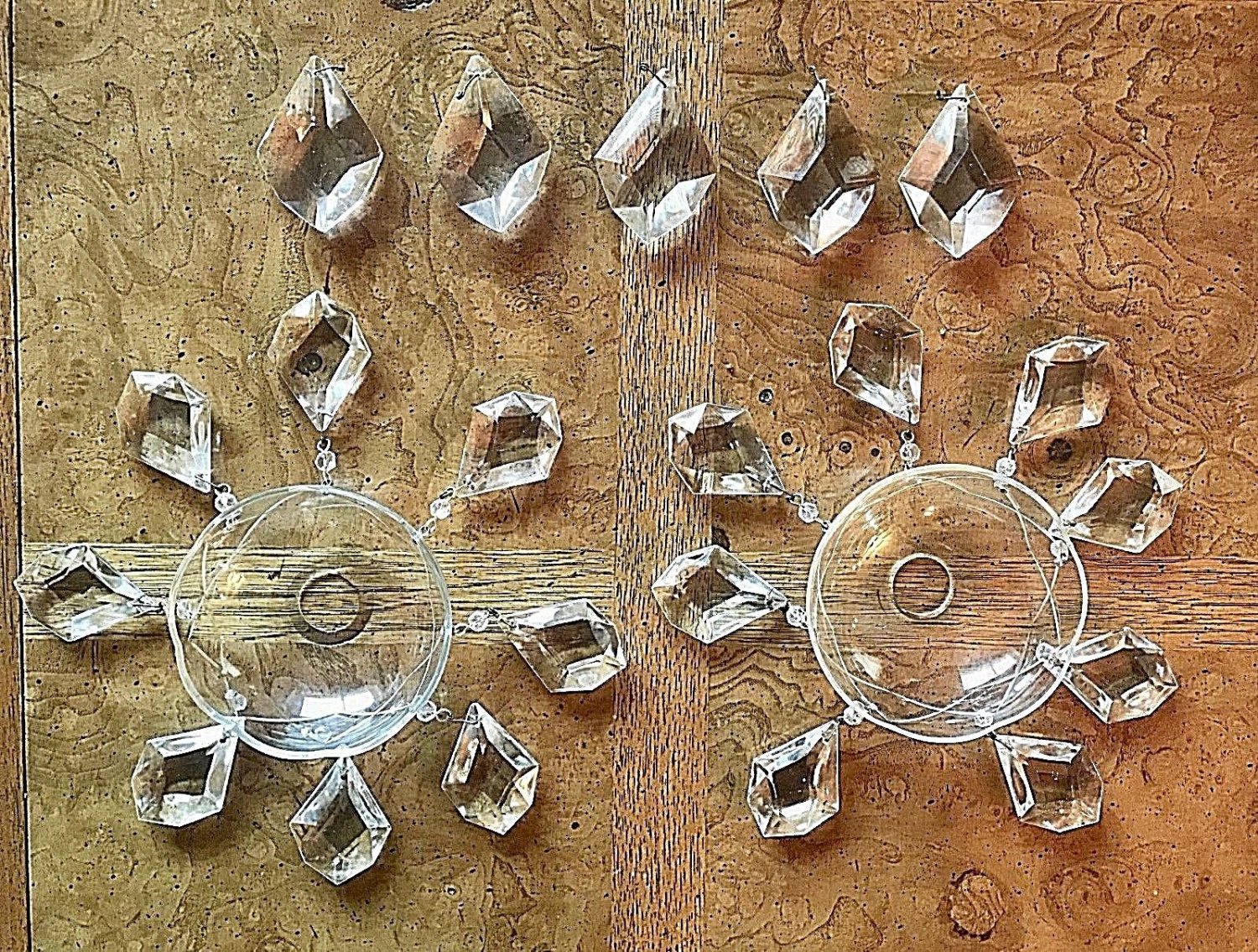 Pair Vintage 8 Pin Crystal Bobeches w/ Prisms Chandelier Candelabra ...