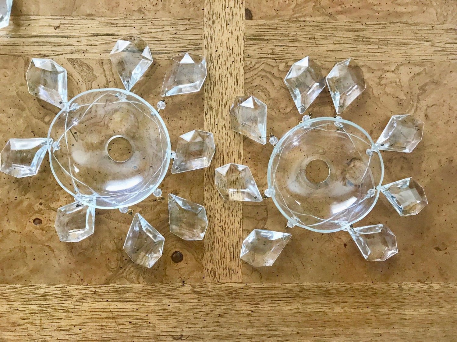 Pair Vintage 8 Pin Crystal Bobeches w/ Prisms Chandelier Candelabra ...