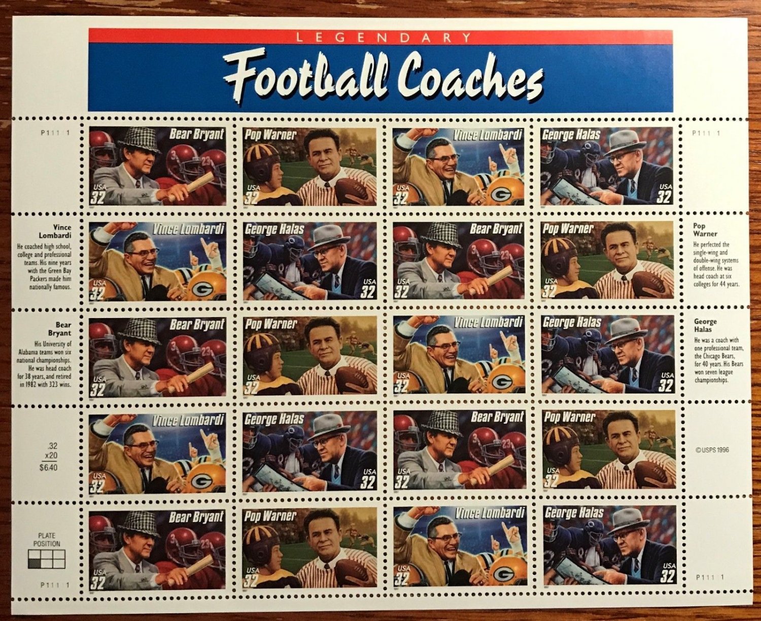USPS SHEET of US Sheet 32¢ Stamps (20) LEGENDARY FOOTBALL COACHES c ...