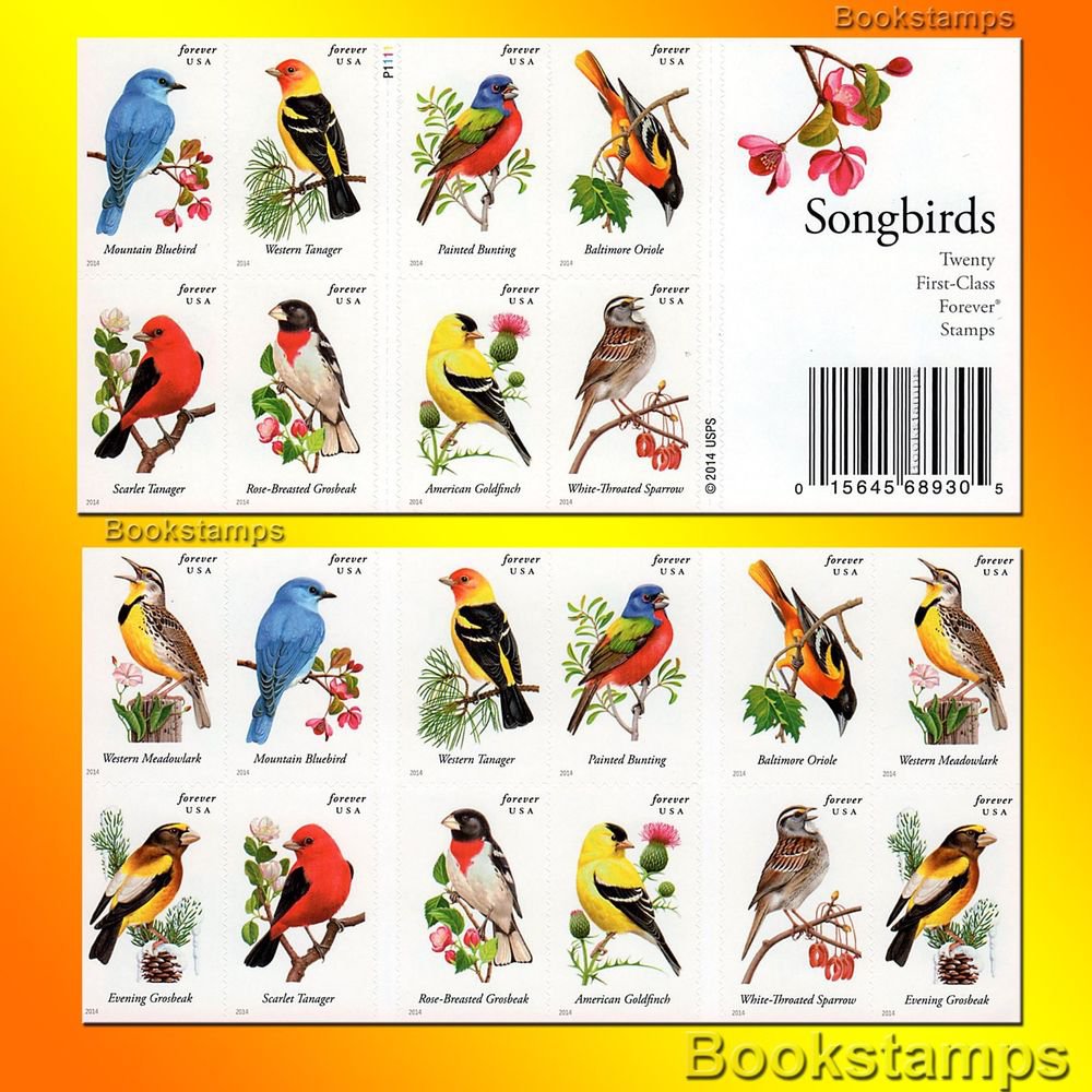 USPS SHEET of 20 Songbirds Forever Stamps Bluebird Lark Finch Oriole ...