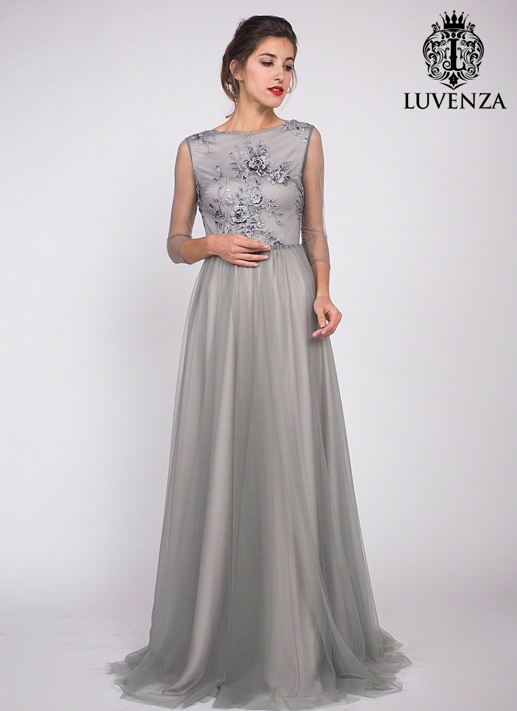Grey Floor Length Floral Embroidery Bodice Evening Gown with Rhinestone ...