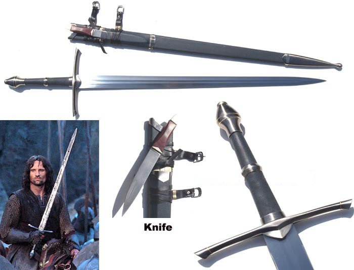 RANGER ARAGORN SWORD OF STRIDER W/ SCABBARD KNIFE 52" LORD OF THE RINGS ...