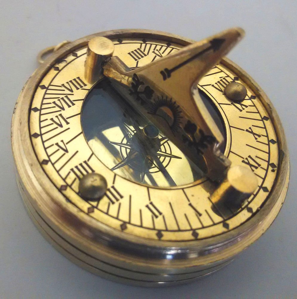 SHINY BRASS POCKET WATCH SUNDIAL COMPASS w PERPETUAL CALENDAR & WORLD TIME