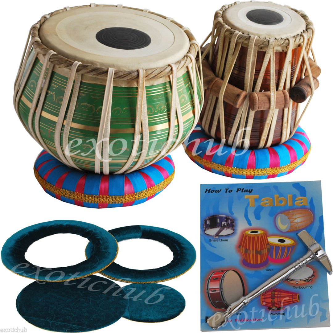 TABLA DRUM SET~GREEN COLOR BRASS BAYAN 2.5 KG.~SHESHAM WOOD DAYAN~PRC EHS