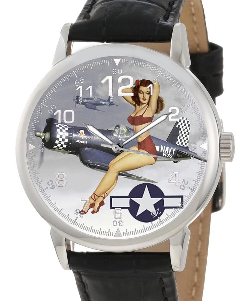 VINTAGE F4U CORSAIR ORIGINAL WW-II PINUP ART USAAF AVIATION ART WRIST WATCH