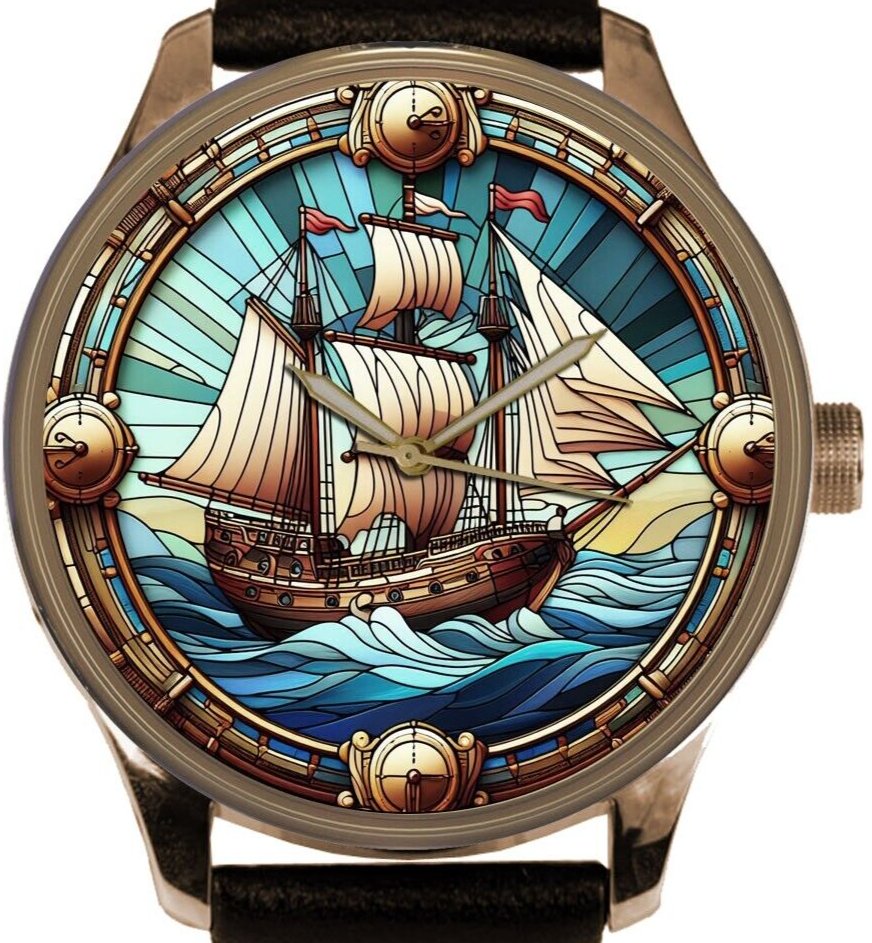 SCHOONER STAINED GLASS ART METALLIC DIAL SOLID BRASS MARINER'S OCEAN ...