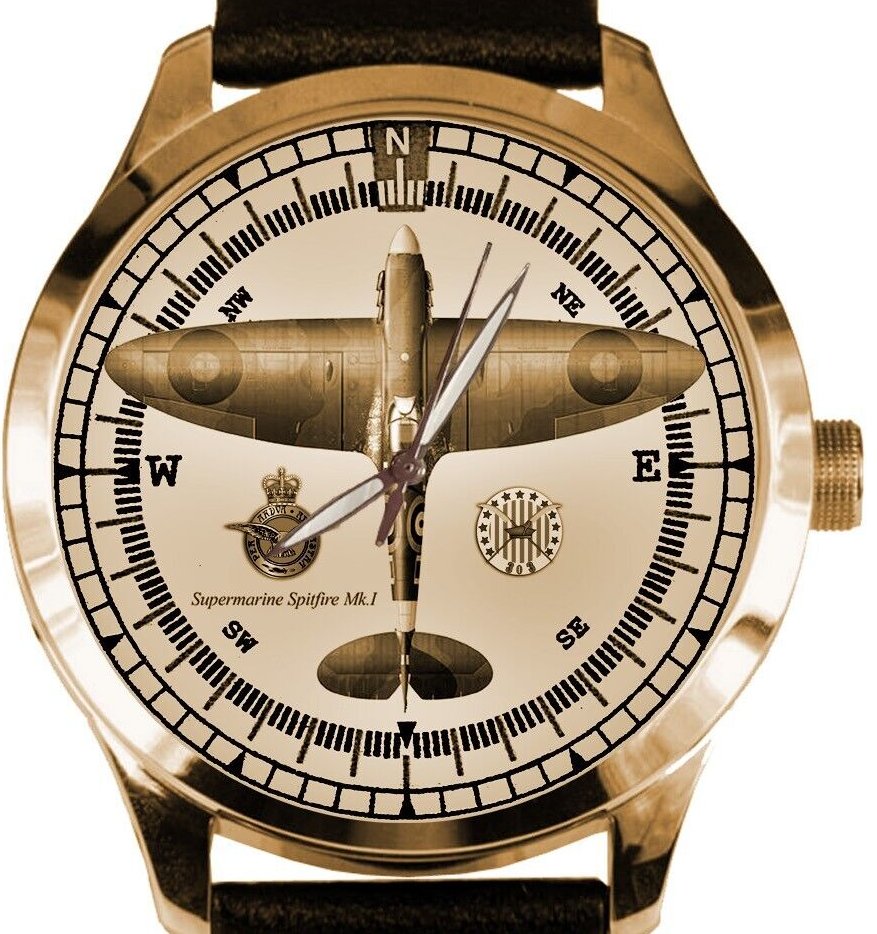 SUPERMARINE SPITFIRE VINTAGE RAF COMPASS ART BRASS WATCH w MONOCHROME ...