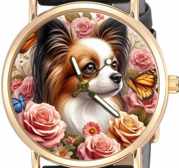 PAPILLON DOG ART SOLID BRASS 30mm LADIES / GIRLS WATCH CUTE BUTTERFLIES ...