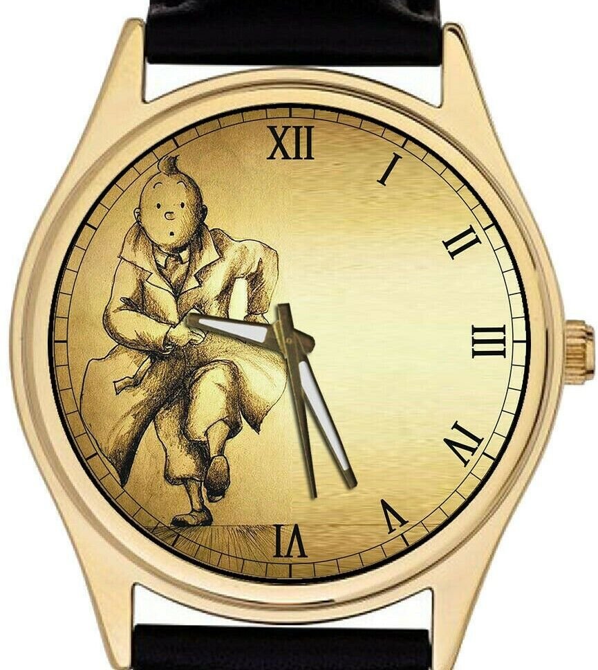 VINTAGE SEPIA PARCHMENT ART TINTIN SOLID BRASS COLLECTIBLE 40 mm WRIST ...