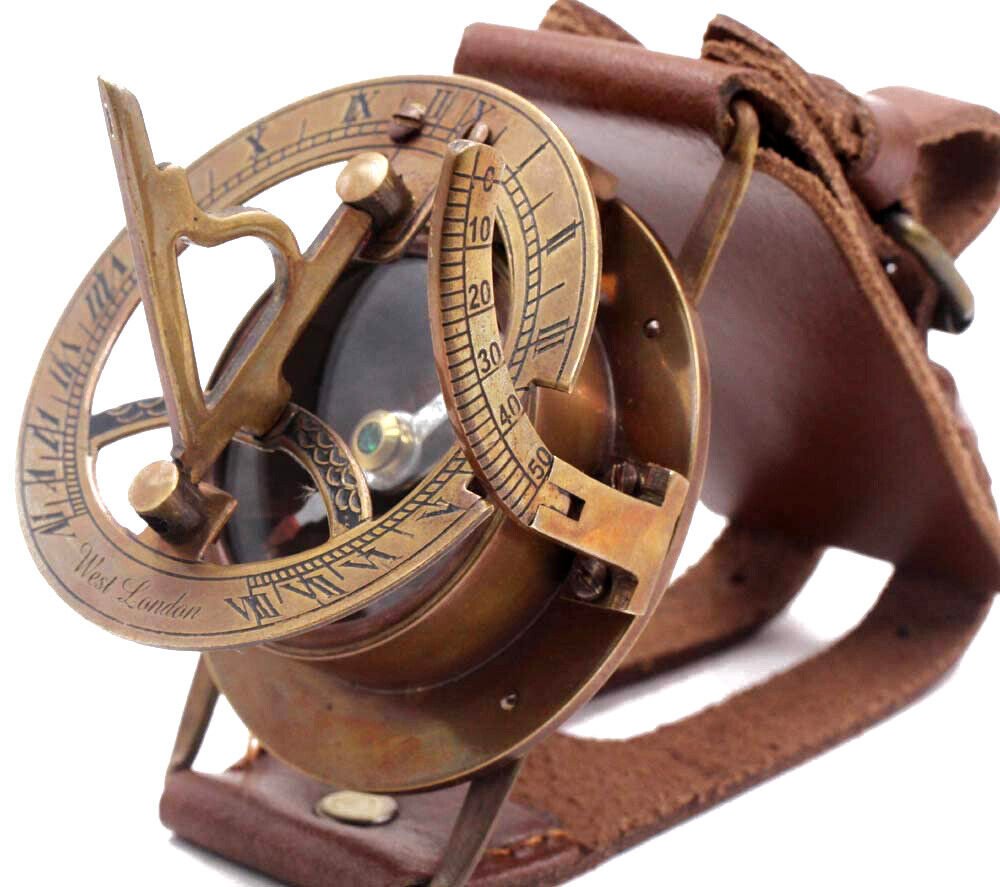 STEAMPUNK SOLID BRASS SUNDAL COMPASS WRIST WATCH w REAL ROUGH LEATHER ...