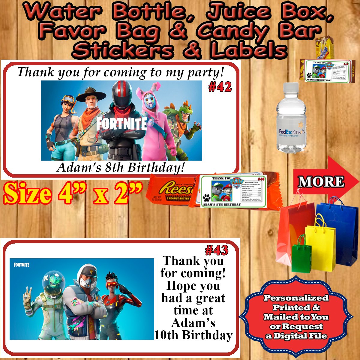 Fortnite Birthday 1 Sheet Favor Water Bottle Stickers Labels Personalized