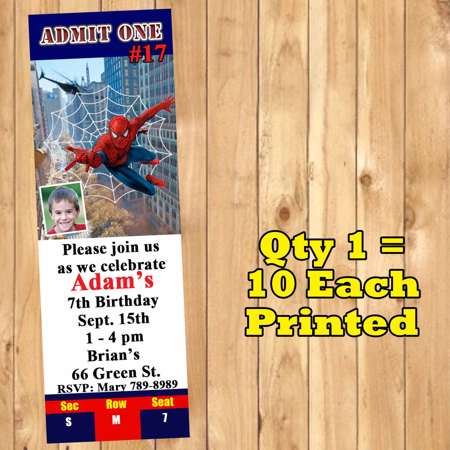 Spiderman Birthday Invitations 10 ea Personalized Custom Made