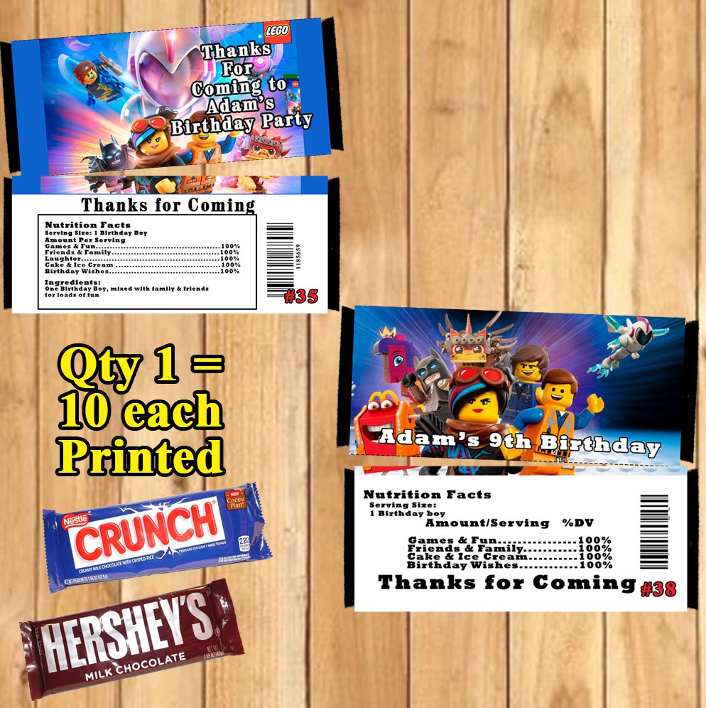 Lego Birthday Candy Bar Wrappers 10 ea Personalized