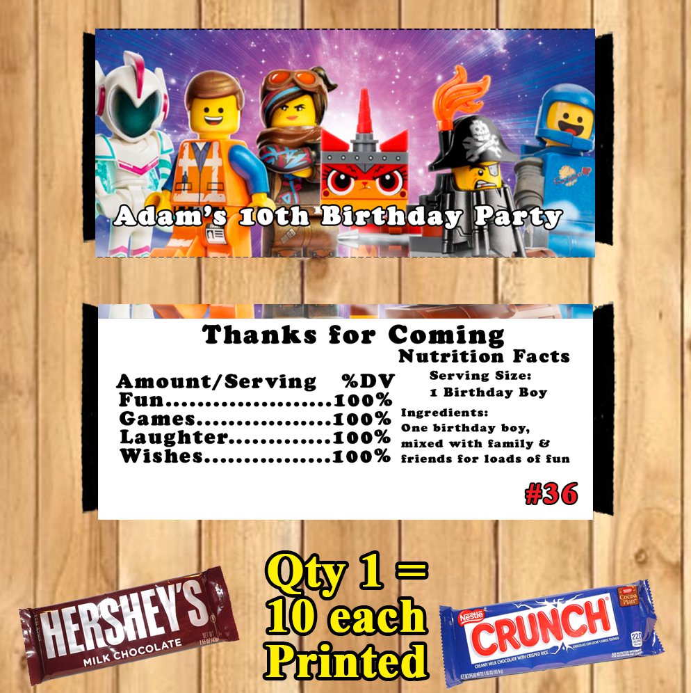 Lego Birthday Candy Bar Wrappers 10 ea Personalized