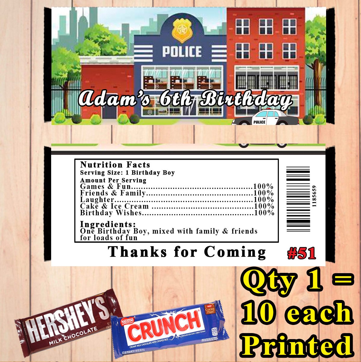 Police Birthday Candy Bar Wrapper 10 ea Personalized