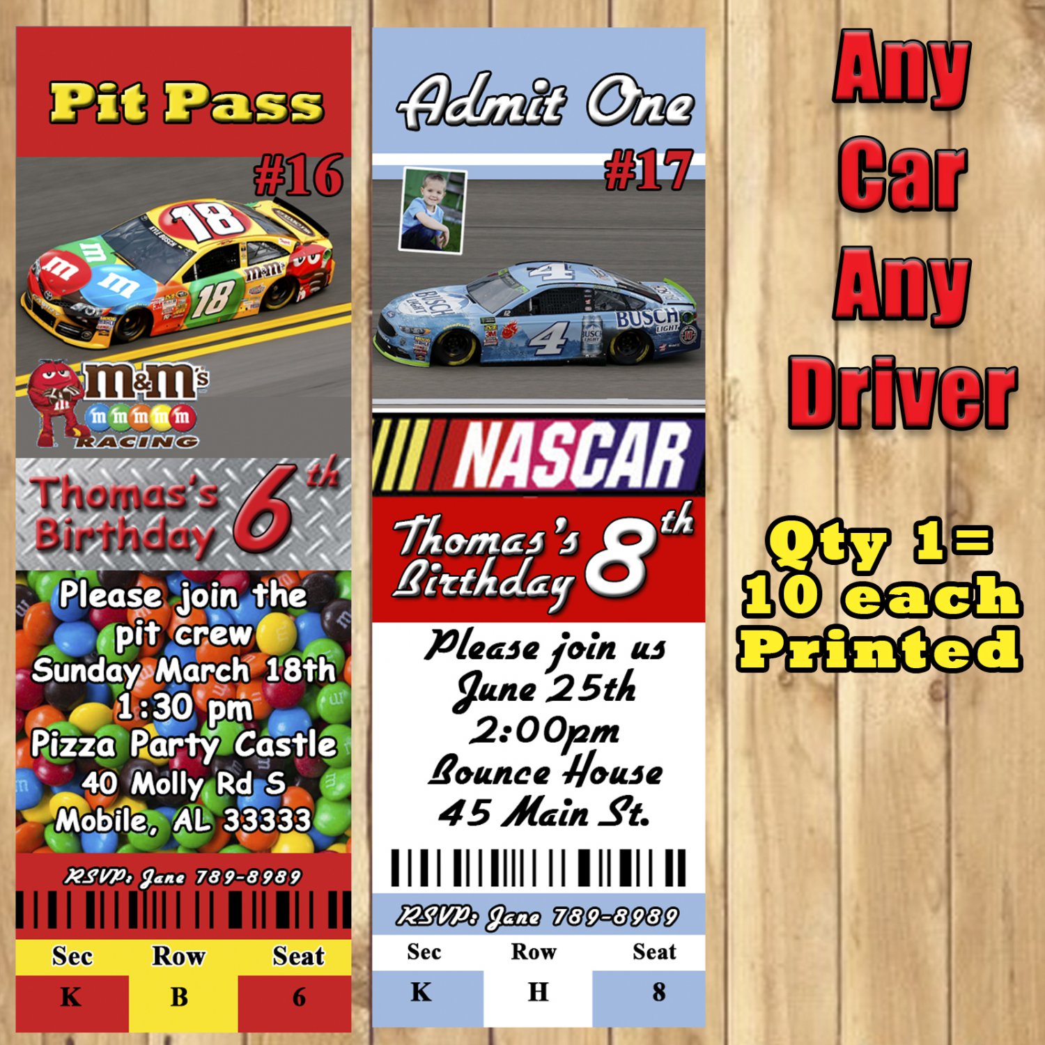 Nascar Birthday Invitations 10 ea Personalized Custom Made