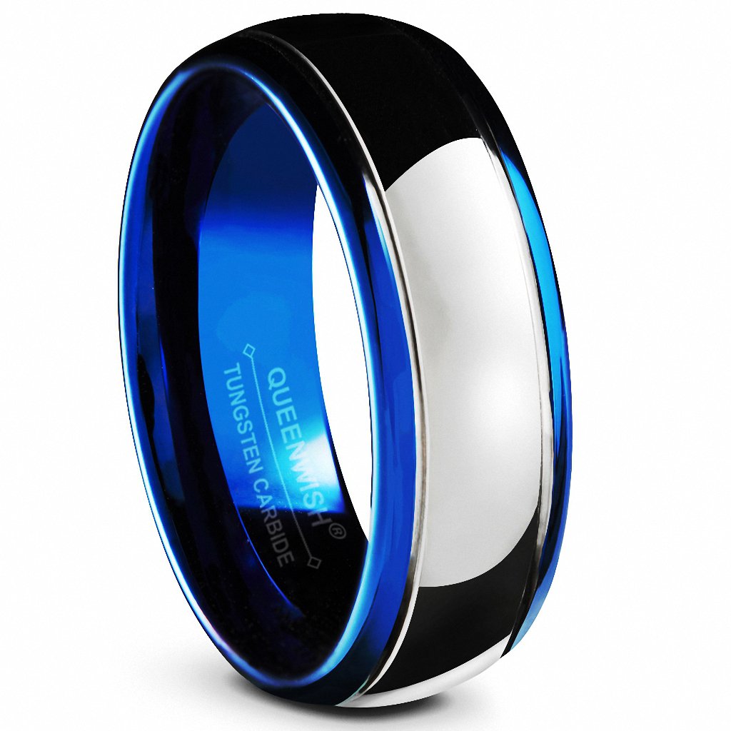 Queenwish 8mm Tungsten Carbide Wedding Bands Blue Silver Dome Gunmetal