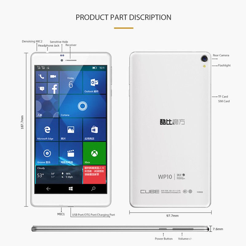 Cube WP10 4G LTE Windows Phablet Windows 10 6.98-Inch Quad-Core Tablet ...