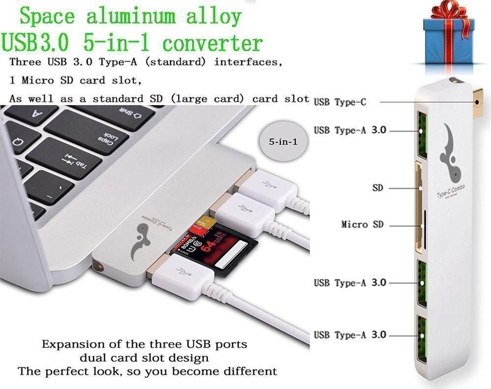 High Speed 5-in-1 USB 3.0 To USB-C Hub, SD card, and Micro SD card support