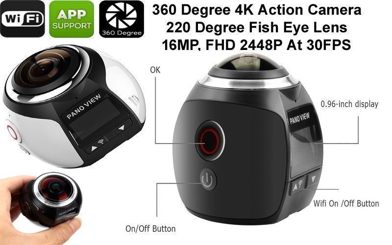 4K Ultra HD Action Camera Panoramic 360, 2448P, 16MP, 30FPS, Wi-Fi, OS ...