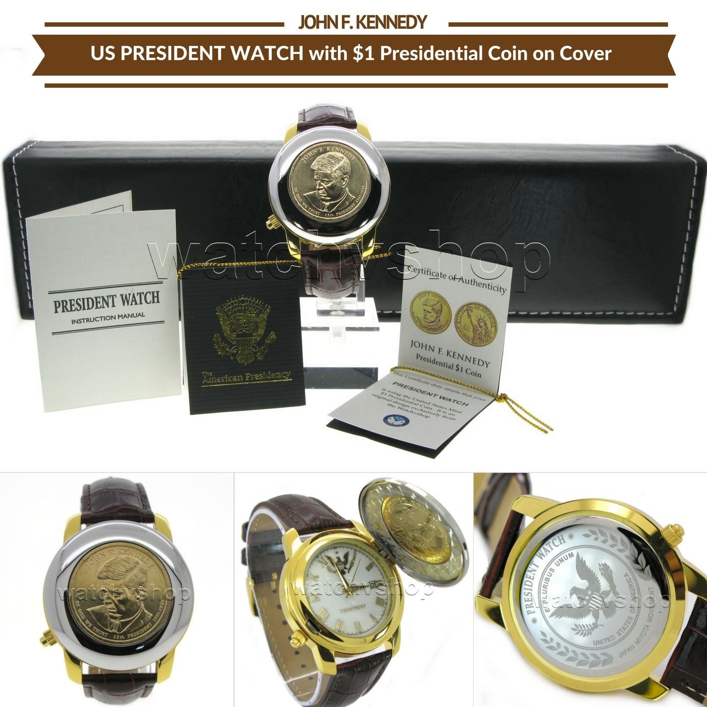 JF KENNEDY 1 Dollar Coin President Watch Japan Quartz + Date & Cover ...